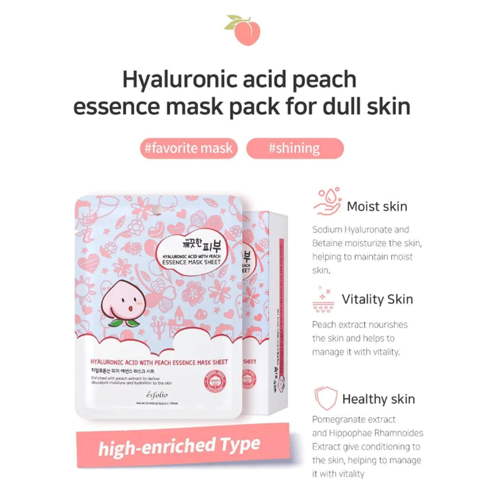esfolio Hyaluronic Acid With Peach Essence Mask Sheet 25ml * 10pcs ...